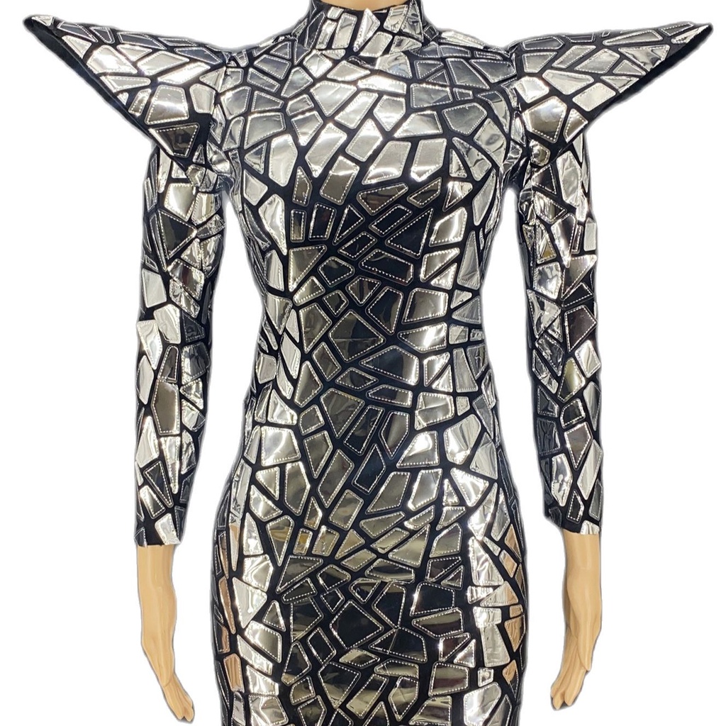 Women singer Silver mirror dress sparkly stage show Performance Wear ...
