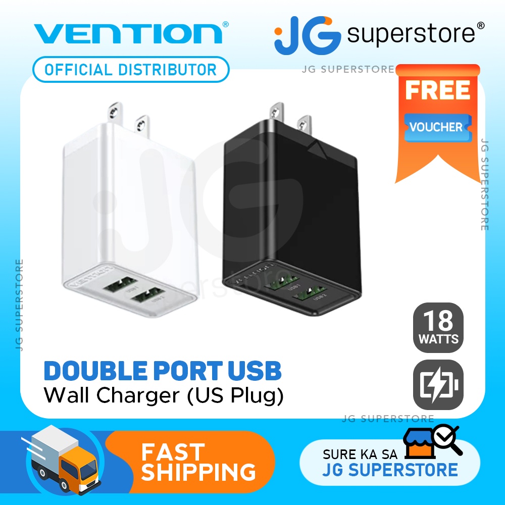 Vention 18W USB 2-Port Fast Charge Wall Charger (US Plug) (Black, White ...