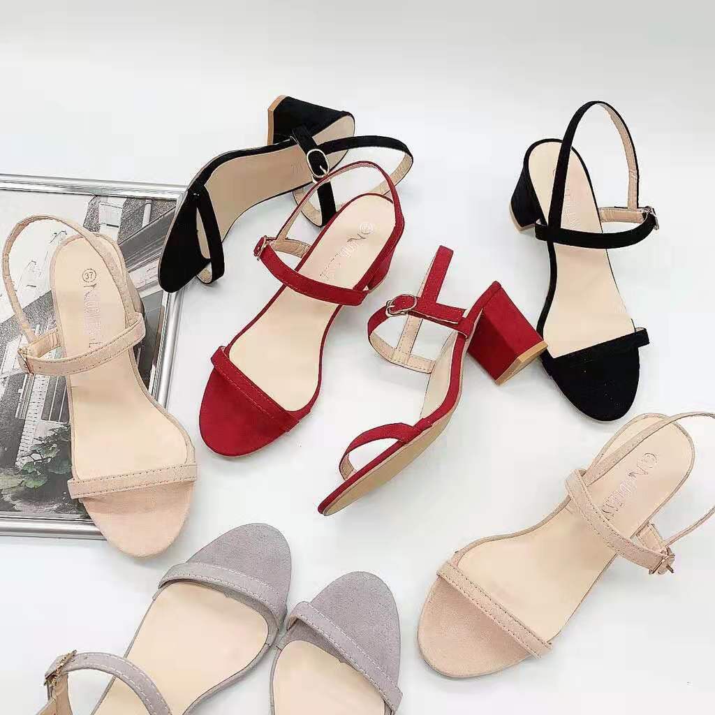 Korean arrived Suede Block Heel Sandals | Shopee Philippines