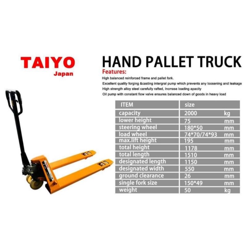 HEAVY DUTY HYDRAULIC PALLET TRUCK HAND PALLET 2 TONS TAIYO JAPAN ...