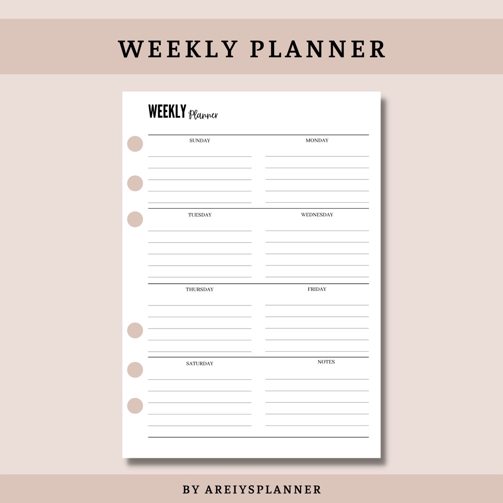 WEEKLY PLANNER 08 6 HOLES LOOSE LEAF INSERT PLANNER A5, A6, PERSONAL ...