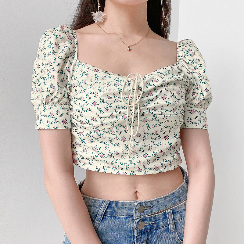 【ready Stock】women Chiffon Puff Sleeve Crop Top Floral Short Sleeve T