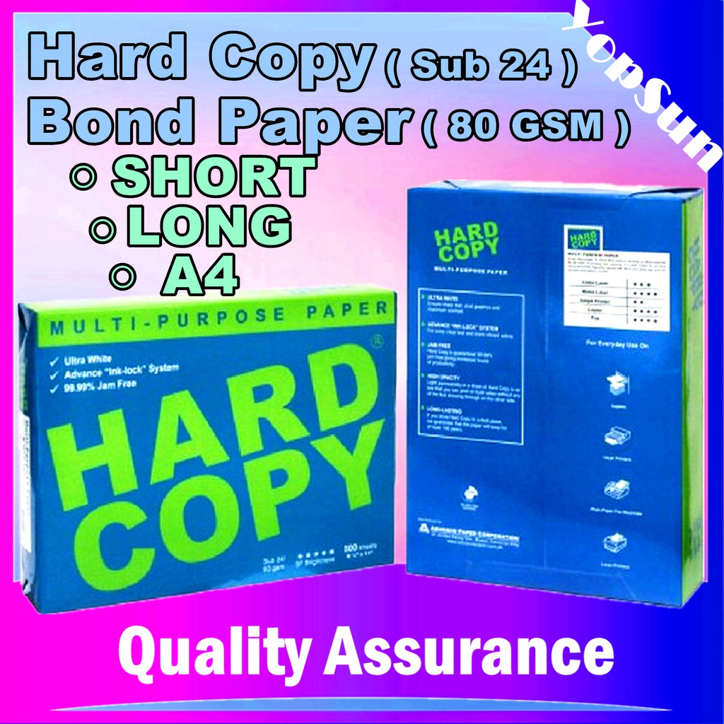 Hard Copy Bond Paper Short / A4 / Long 80GSM 500 Sheets Sub.24 | Shopee ...