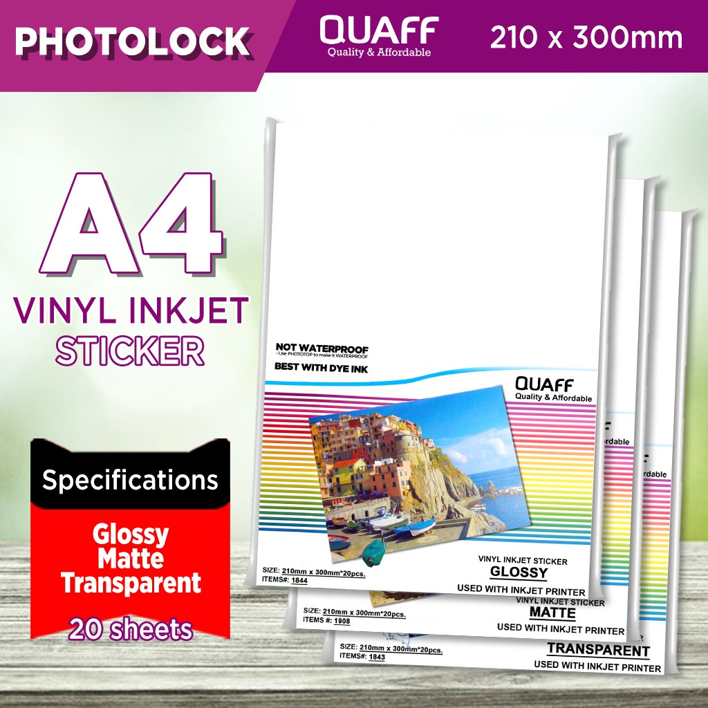 QUAFF Printable Vinyl Inkjet Sticker A4 Size Matte / Glossy / Transparent (20 sheets / pack ...