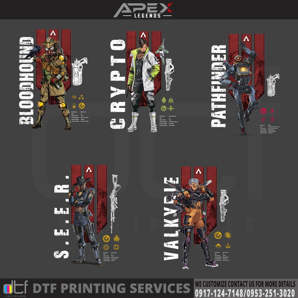 DTF Prints- Ready to Press-Apex Legend Collection-RECON-Customized Design (A4 A3 A3+ Size ...