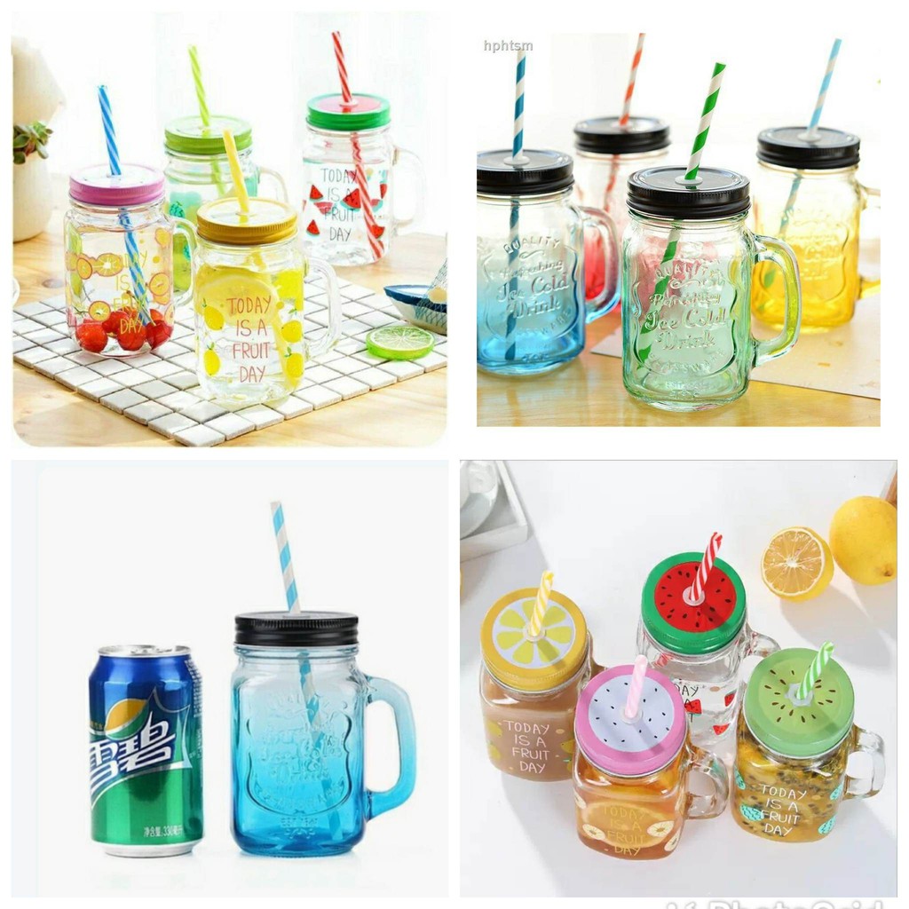 500ml Colored Mason Jar With Reusable Straw Bottle Glass Mug Emboss ...