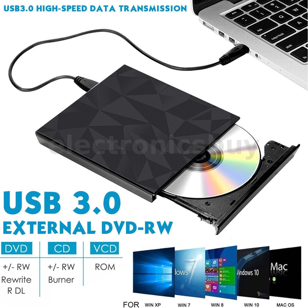 USB 3.0 Slim External DVD Reader CDs DVD RWs ROM Drive Writer Burner ...