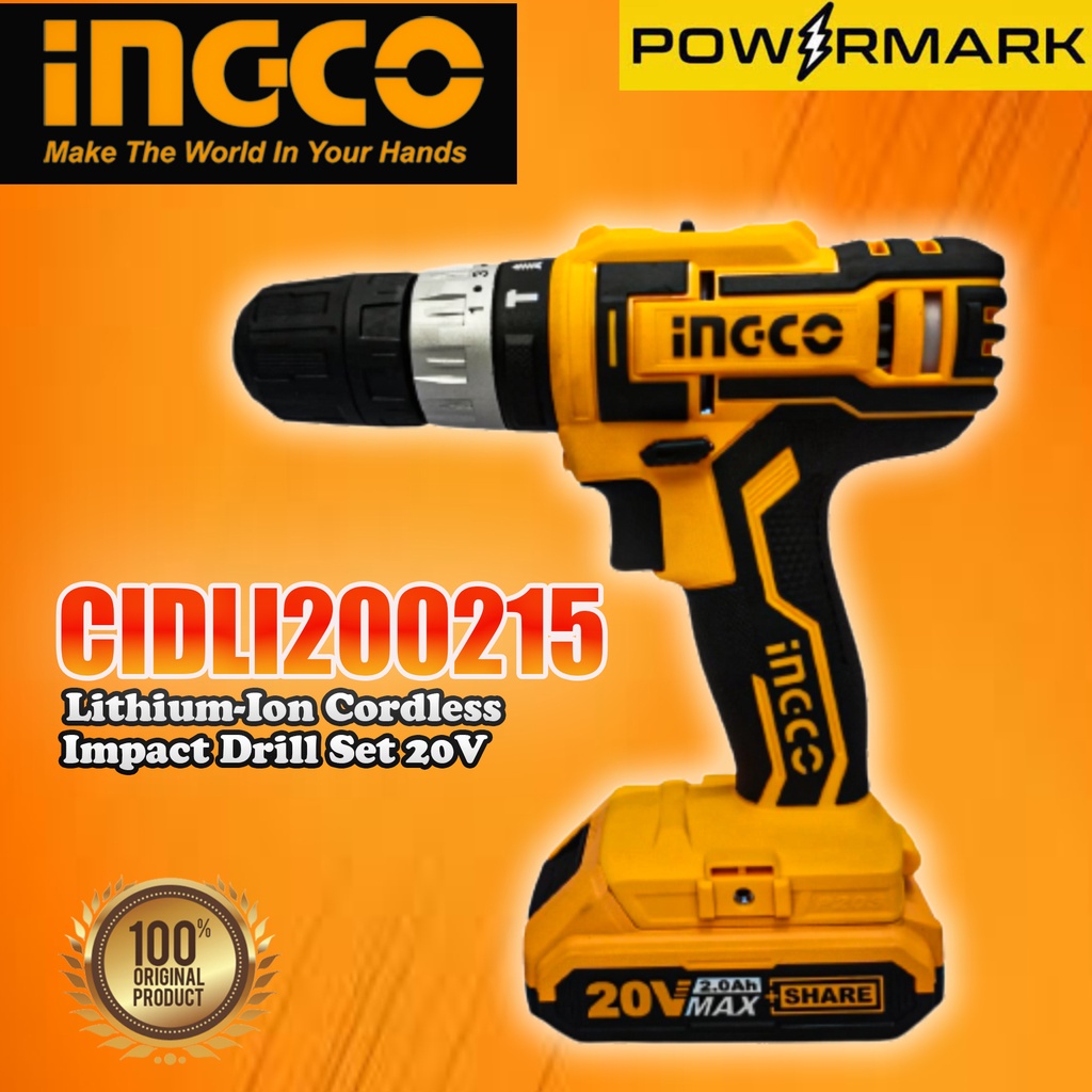 INGCO CIDLI200215 Lithium-Ion Cordless Impact Drill Set 20V [POWERMARK ...