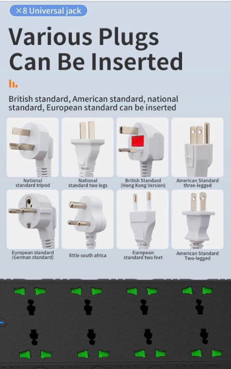 TB-T28 3.1A 3000W Universal Power Socket Extension With 8 AC Sockets, 4 ...