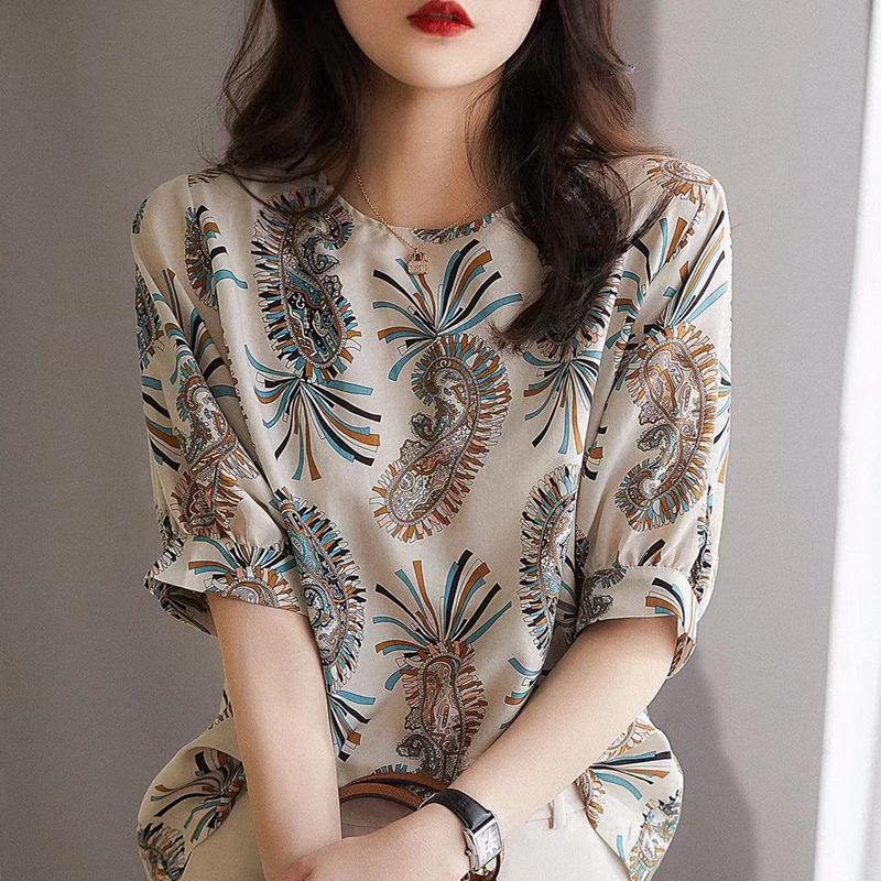 Women's Floral Blouses Retro Art Patterned Blouses Casual Round Neck ...