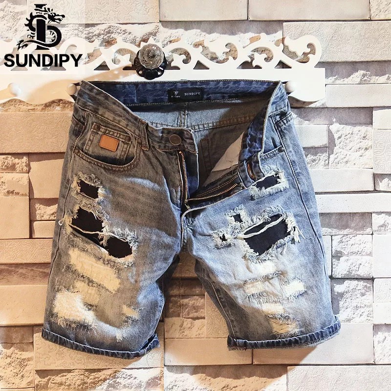 Tattered Ripped Denim Shorts Men's Fashion Casual Attire Hard Denim ...