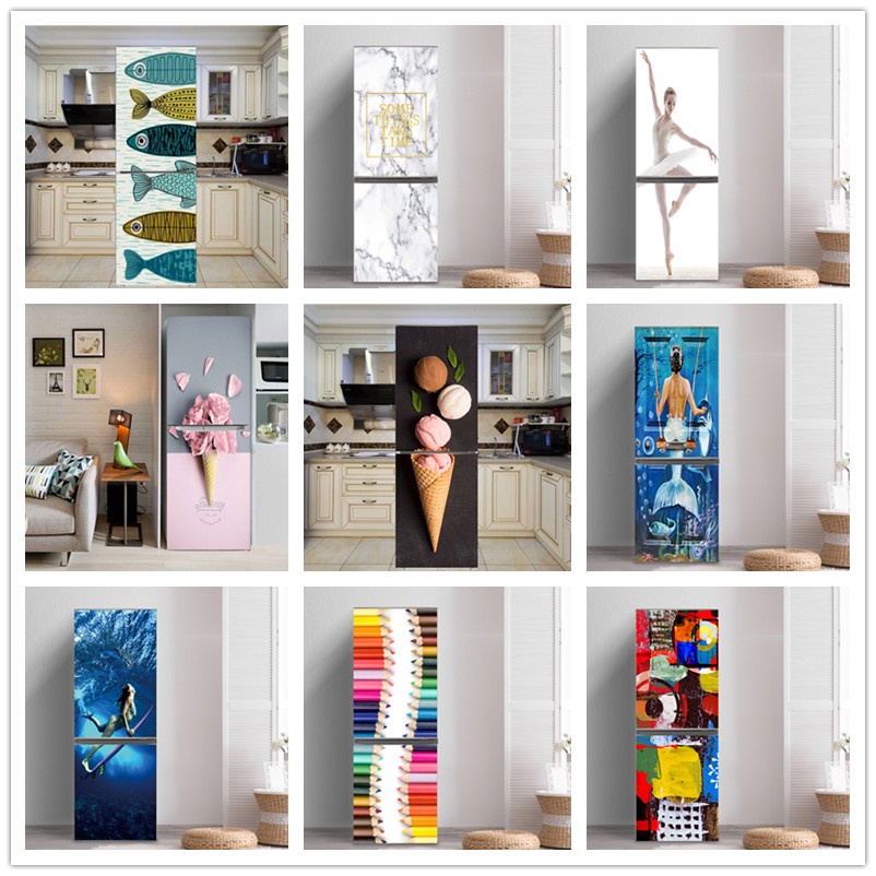 3D Pink Ice Cream Flowers Ballerina Mermaid Girl Fridge Sticker Door ...