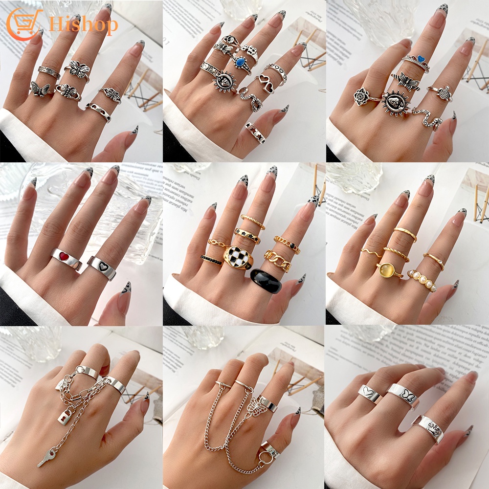 Fashion Vintage Rings Set Heart Shape Couple Rings Checkerboard Ring ...