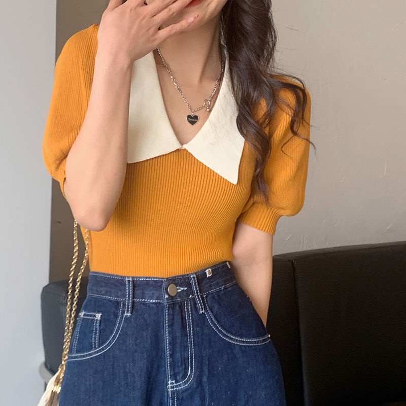 Ice Silk Knitted Blouse Plus Size Womens Summer Korean Style Polo