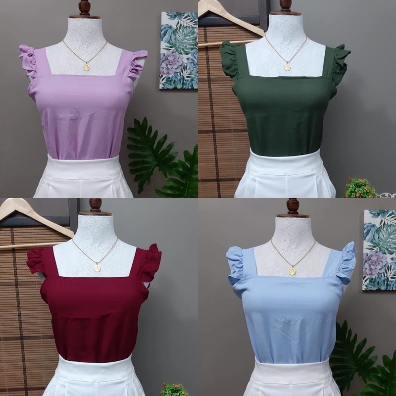 PLAIN ruffled top ruffles top chalis comfy fabric butterfly sleeves ...