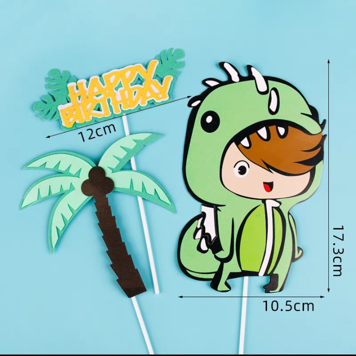 Dinosaur theme coconut tree HBD paper card cake topper baking props ...