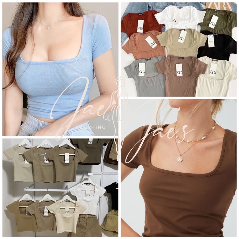 Square Neck Rib Knit Crop Top Shopee Philippines
