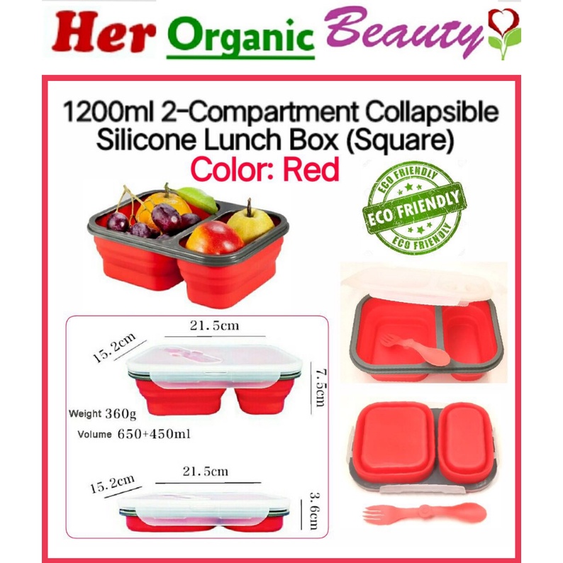 1200ml 2-Compartment Collapsible Silicone Lunch Box (Square) Eco ...