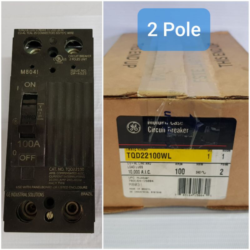 GE TQD Circuit Breaker 2 Pole 100A, 125A, 150A, 175A, 200A, 225A Molded Moulded Case MCCB ...