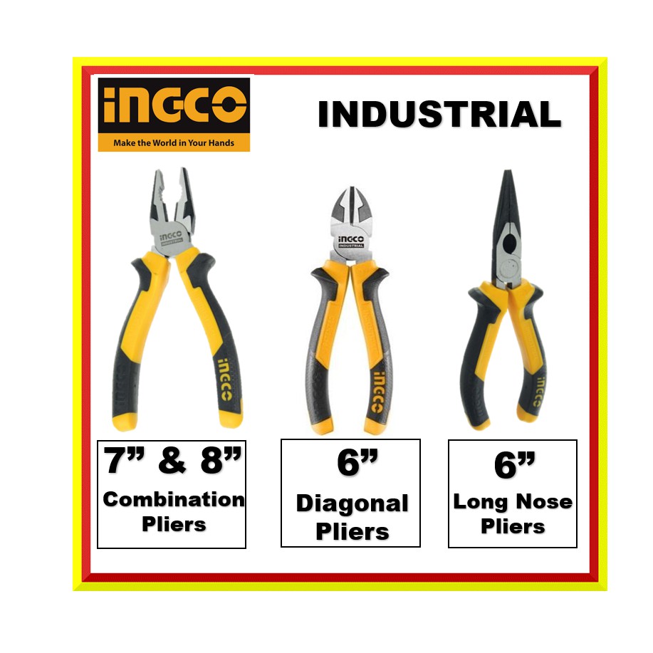 Ingco Pliers Combination, Diagonal, & Long Nose (6", 7" & 8") | Shopee ...
