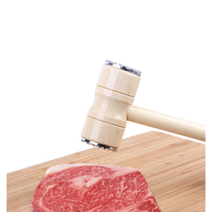 Kitchen Wooden Meat Mallet Metal Teeth End Tenderizer Steak Round