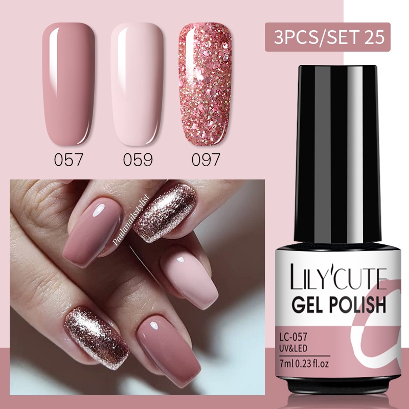 Lilycute 3pcs Set 7ml Gel Polish Set Colors Glitter Semi Permanent Gel