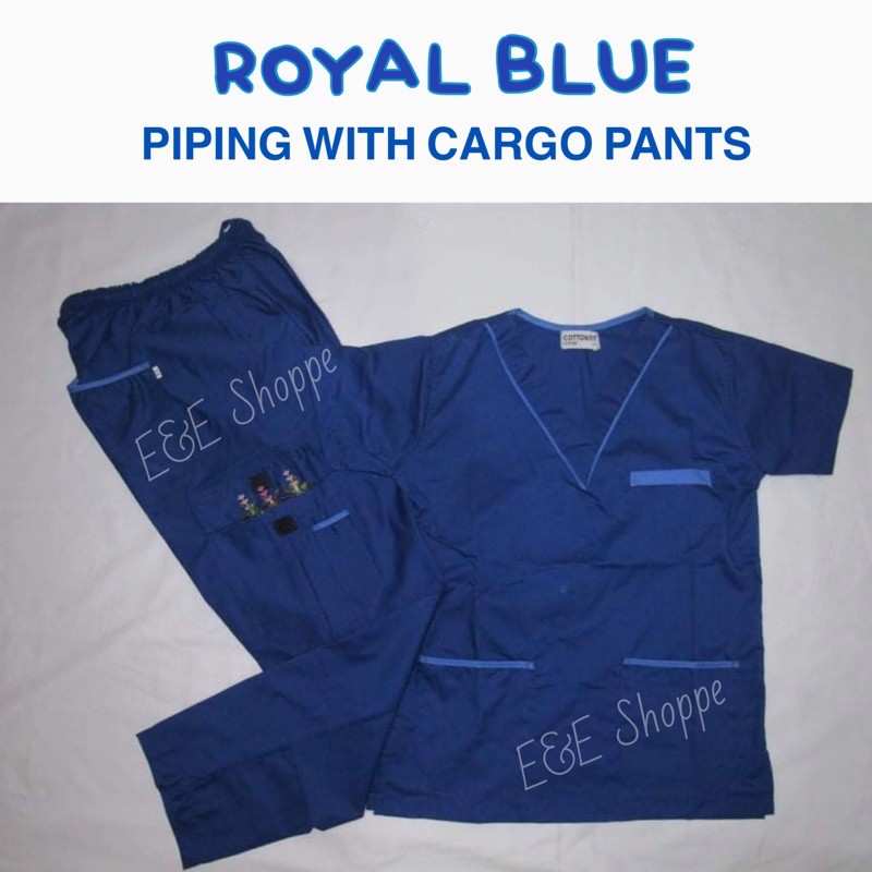 SCRUB SUIT Set-UNISEX (ROYAL BLUE - Piping with CARGO PANTS) | Shopee ...