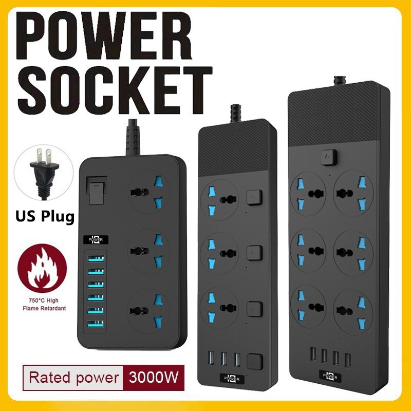 US Plug 3000W Power Strip Surge Protector Universal Plug Socket with ...