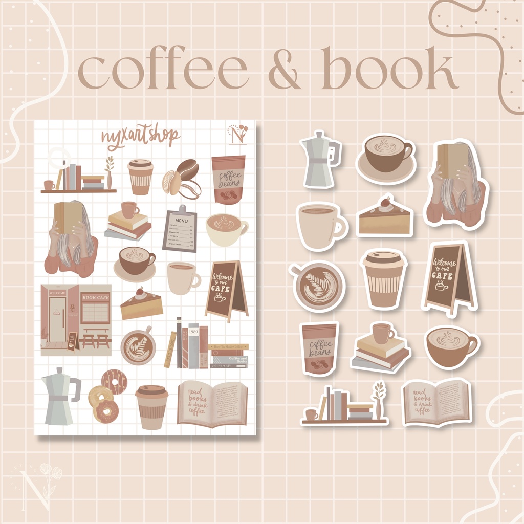 Coffee and Books Minimalist Cute Sticker Sheet Vinyl Laptop Stickers ...