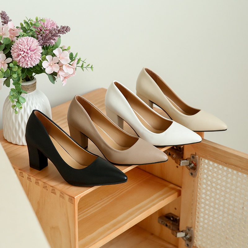 Women's High Heels Leather Pointed Toe Chunky Block Heels Pumps Ladies ...