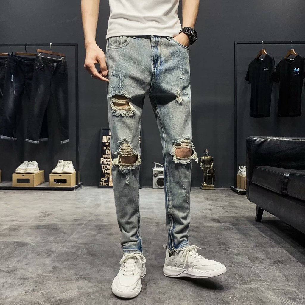 Jeans Ripped Pants Trendy Slim Jeans Men's Casual Pants | Shopee Philippines