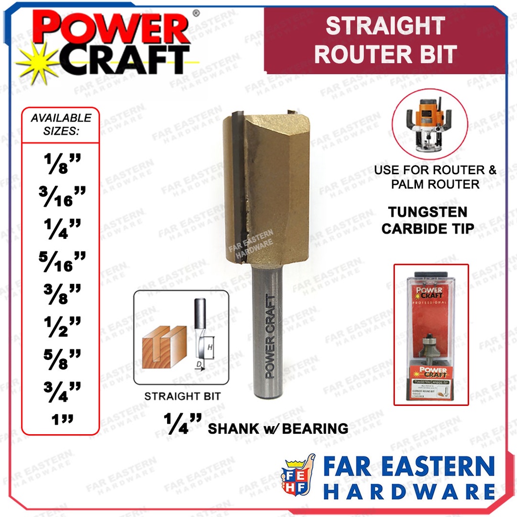POWERCRAFT TCT Straight Router Bit 1/8” 3/16” 1/4” 5/16” 3/8” 1/2” 5/8 ...