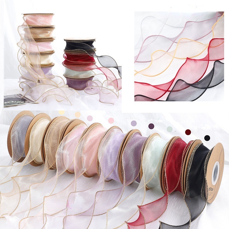 10Yards Gold Edge Wavy Ribbon Fish Tail Yarn Organza Ribbon Flower ...