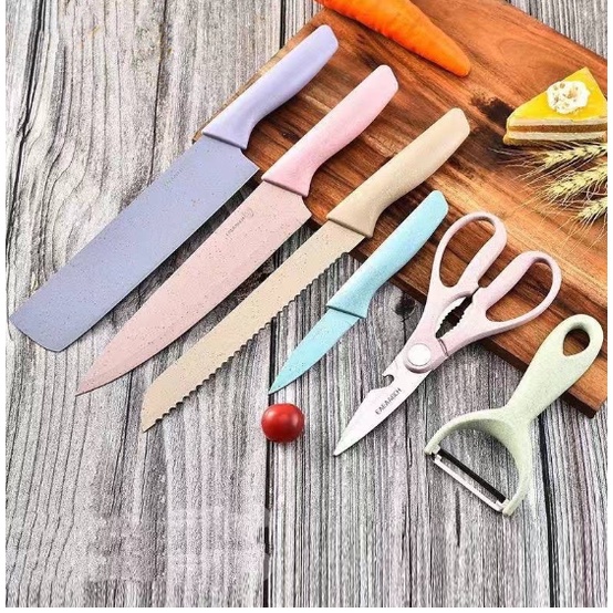 Knife Set 6 PCS Pastel Colors Stainless Steel Chef Knife Bread Knife ...