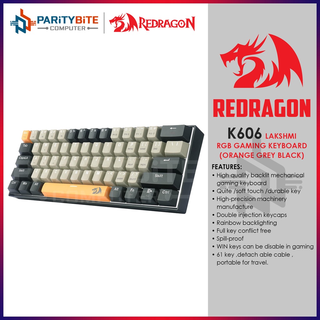 Redragon K606 Lakshmi (Orange Grey Black) Detachable Wired Mechanical ...