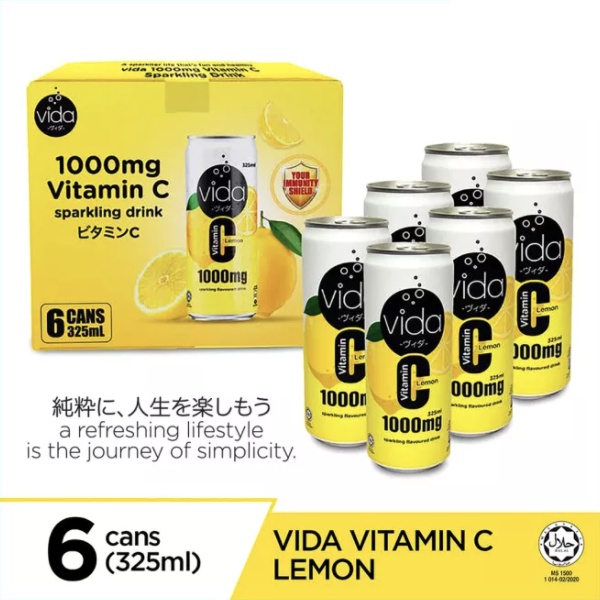 Vida C 1000 mg Vitamin Lemon Sparkling SODA Drink 325mL (BOX of 6 cans ...