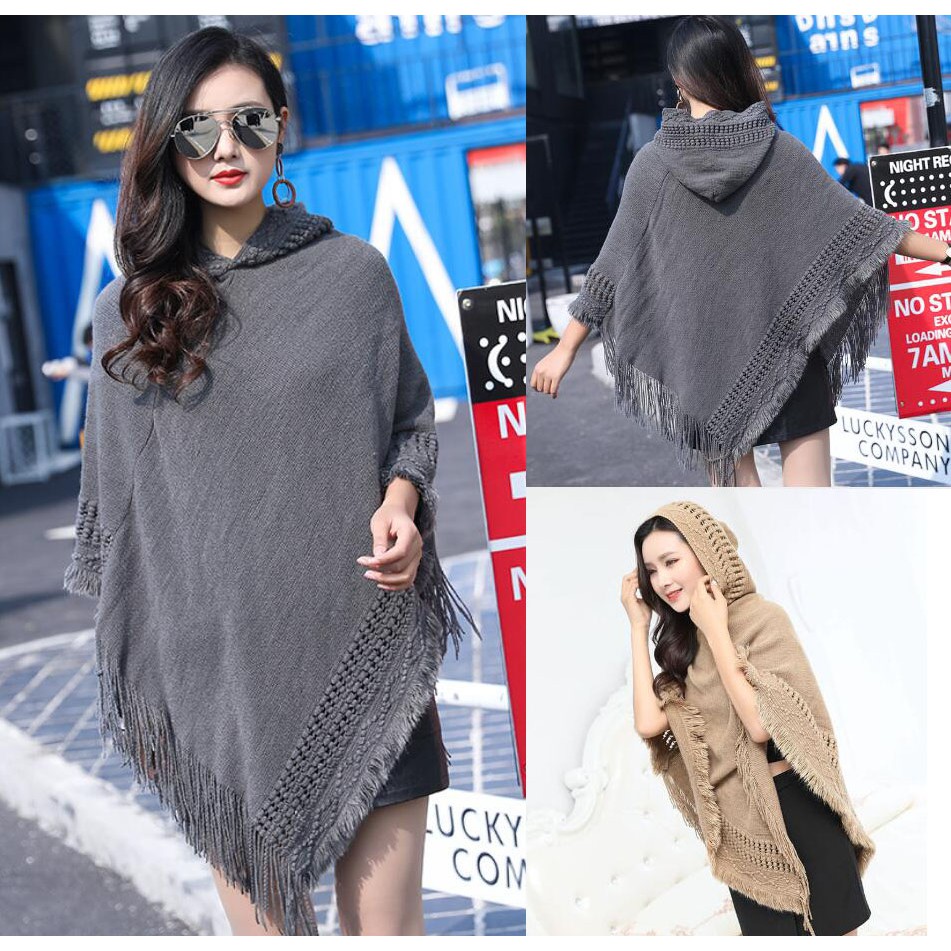 Fashion Women Hooded Loose Cloak Tassels Shawl Irregular Neckline Cape ...