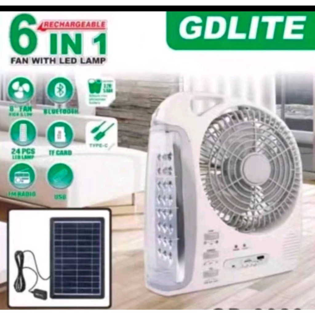 GD LITE GD-8028 Rechargeable 6in1 Solar Emergency Fan with BT/LEDLIGHT ...
