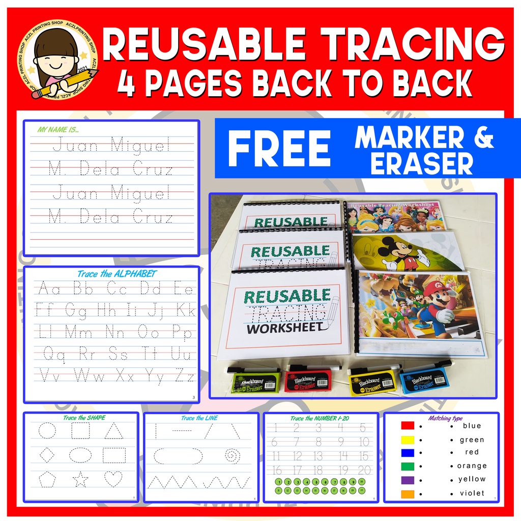 REUSABLE LAMINATED TRACING WORKSHEET for kids ( FREE MARKER & ERASER ...
