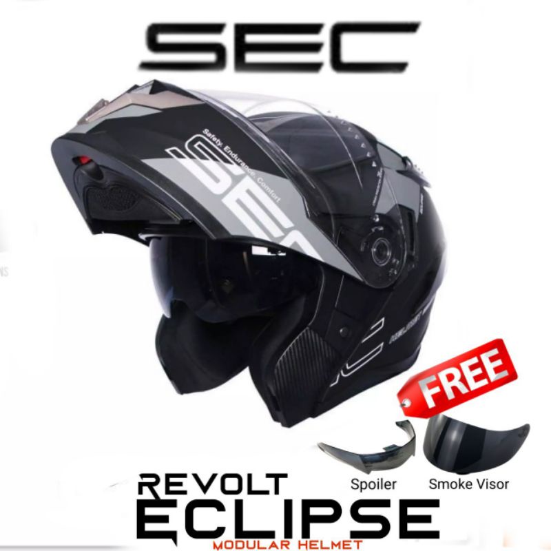 SEC Revolt Eclipse Modular Dual Visor Helmet w/ Free Smoke Visor and ...