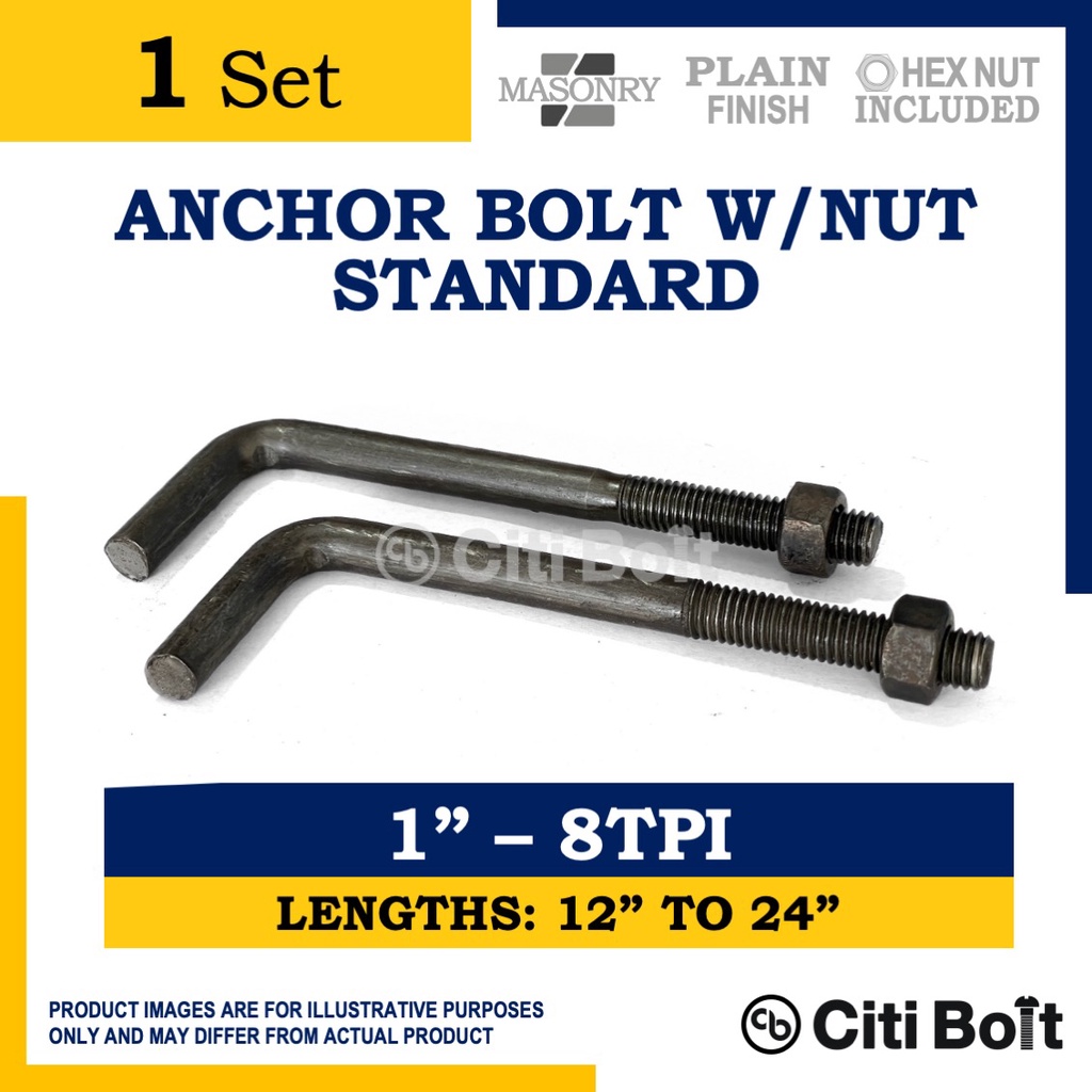 1set Anchor Bolt Standard / L Bolt / L Hook Bolt for Concrete M25 ~ 1" ( 1 - 8TPI ), CITI BOLT ...