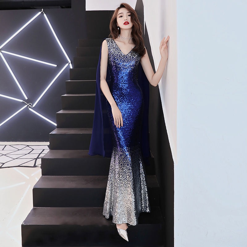 Gradient Navy Blue/Wine Red Sequin Evening Dress Banquet Elegant V Neck ...