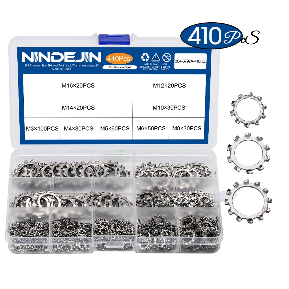 NINDEJIN External Tooth Lock Washer 304 Stainless Steel M3 M4 M5 M6 M8 M10 Star Din6797A ...
