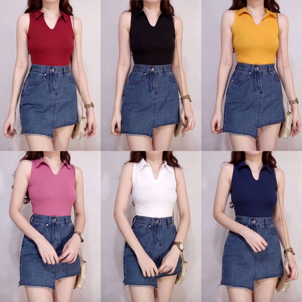 Sleeveless Plain Collar Semi Crop Top Cotton Spandex Trendy Fashion ...