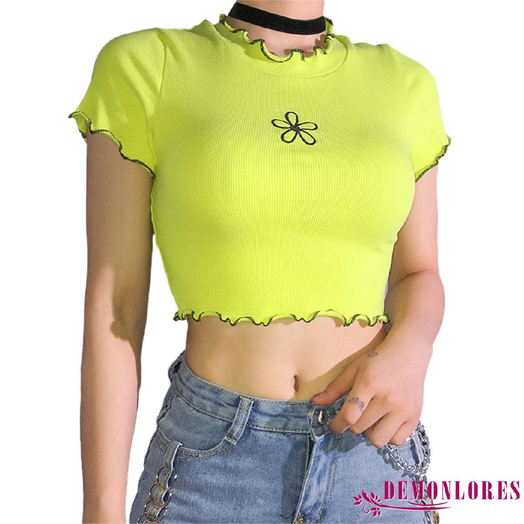DEM☞Women Short Sleeve Flower Embroidery Crop Top Ladies Summer Fashion ...