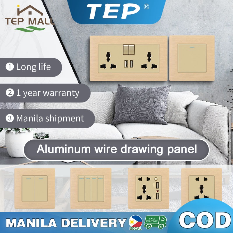 TEP Modern Wall Switch Socket Power Socket Panel with LED Light Gold ...