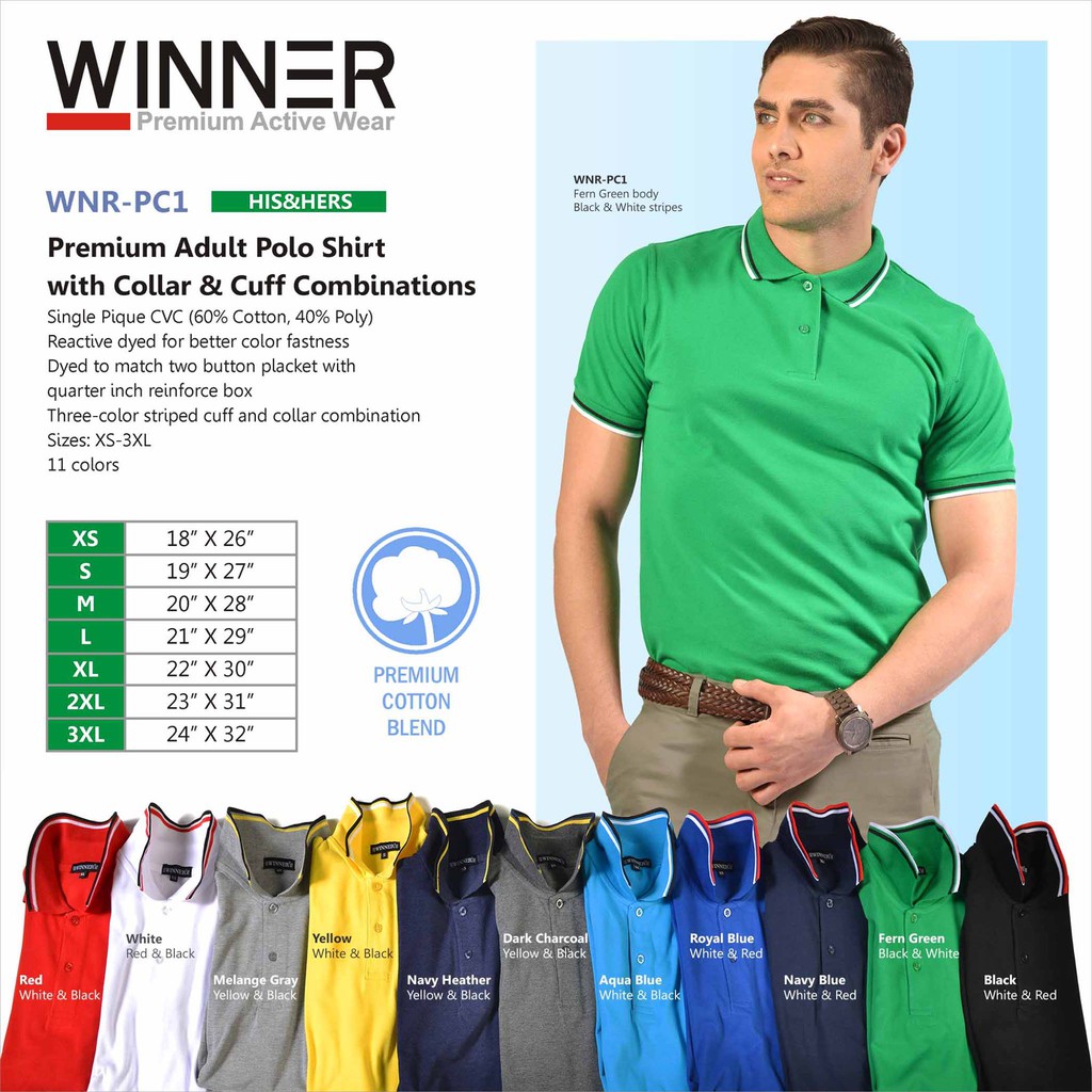 Winner Premium Adult Polo Shirt with Collar and Cuff Combinations (XS-L ...