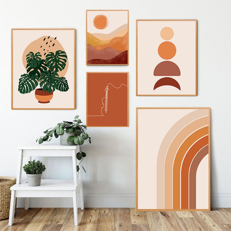 Burnt Orange Boho Wall Art Canvas Painting Rainbow Desert Moon Phases ...
