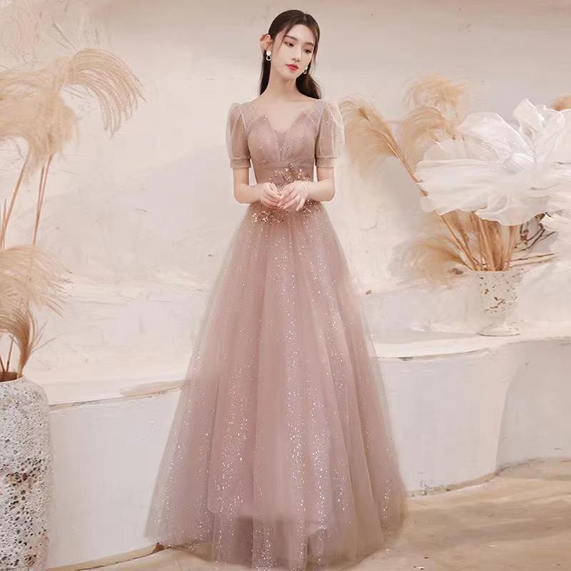 Pink/Wine Red/Blue Starry Sky Banquet Evening Dress Puff Sleeve Sequins ...