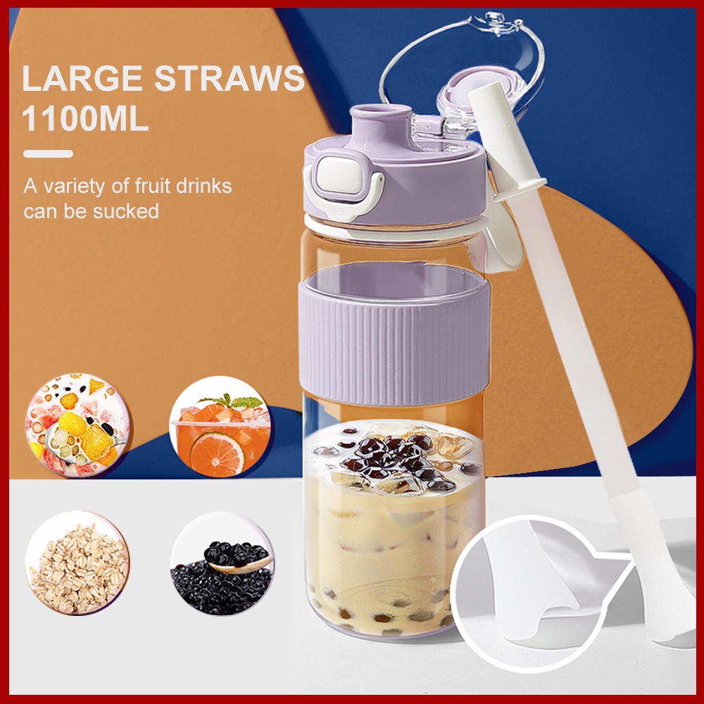 1.1L Clear Water Bottle Straw Sticker Water Level Marker and Safety Lock One Key Open BPA Free ...